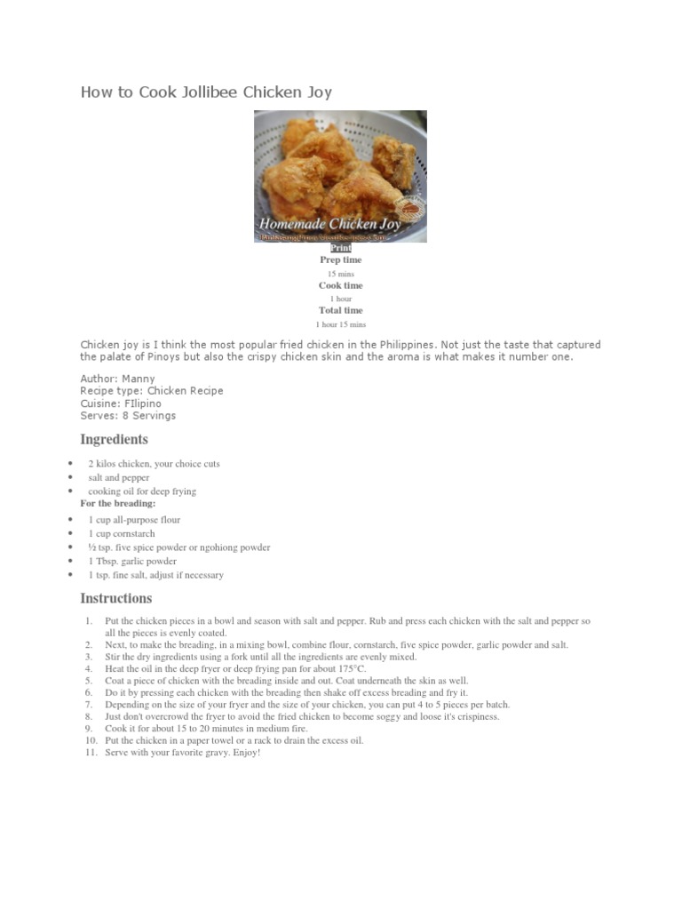 How To Cook Jollibee Chicken Joy: Ingredients | PDF
