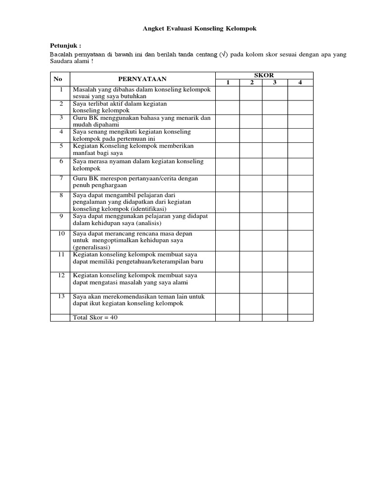Angket Evaluasi Konseling Kelompok | PDF