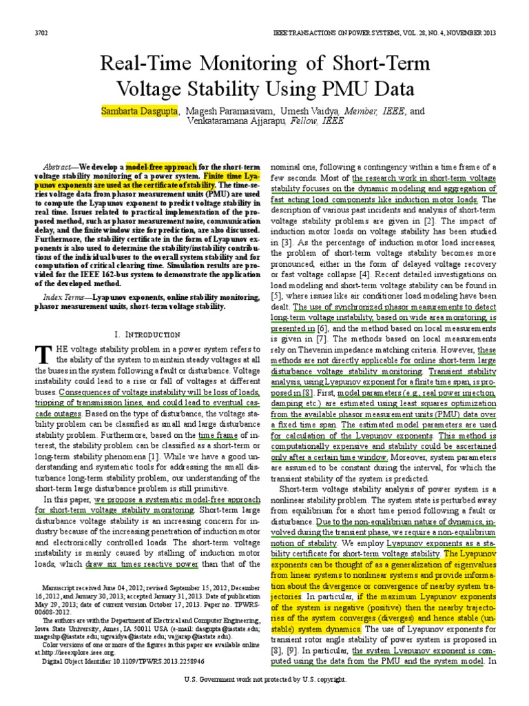 2013 Real-Time Monitoring of Short-Term Voltage Stability Using PMU Data | Download Free PDF ...
