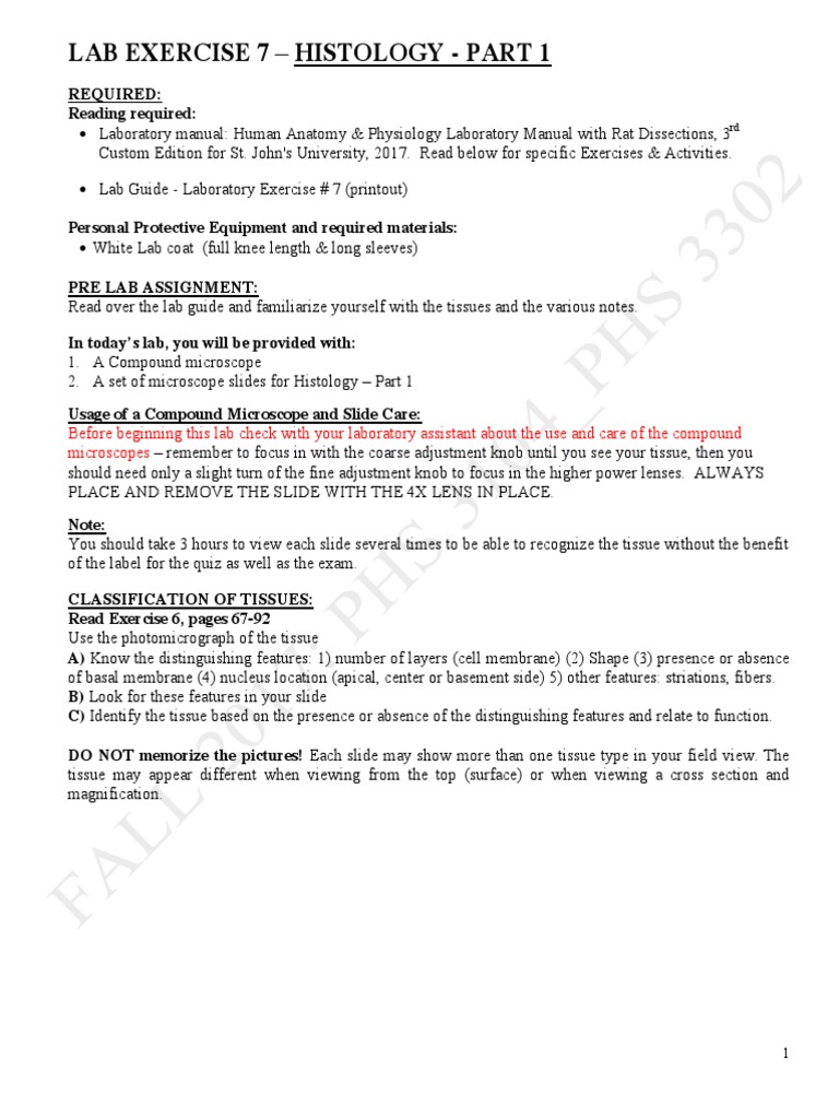 Lab Exercise 7 - Histology - Part 1 | PDF | Epithelium | Organ (Anatomy)