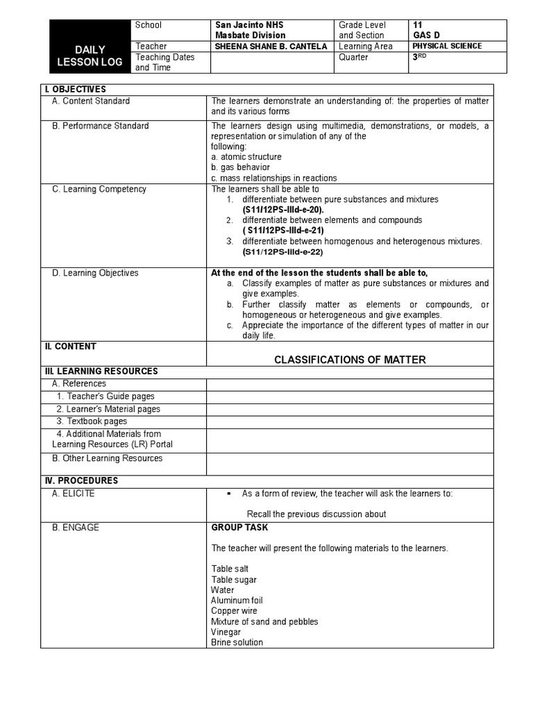 3 Classifications of Matter Lesson Plan | PDF | Mixture | Chemical ...