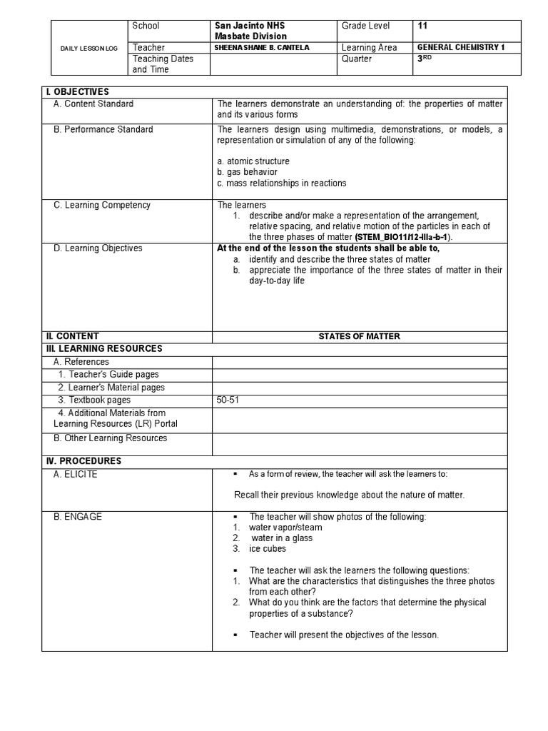 1 States of Matter Lesson Plan | PDF | Matter | Gases