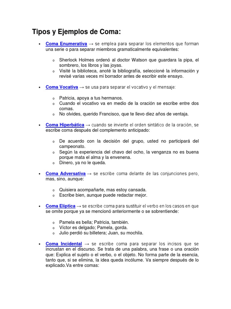 Tipos y Ejemplos de Coma | PDF | Oración (Lingüística) | Semiótica