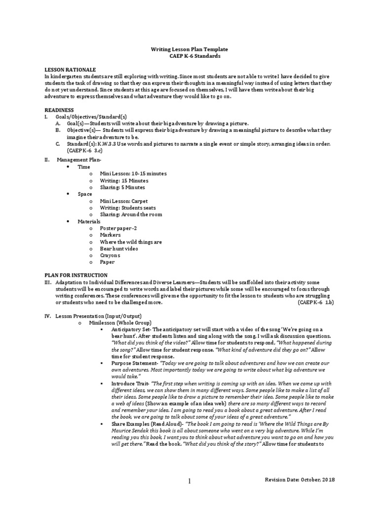 Writing Lesson Template With Caep k-6 Standards | PDF | Teaching ...