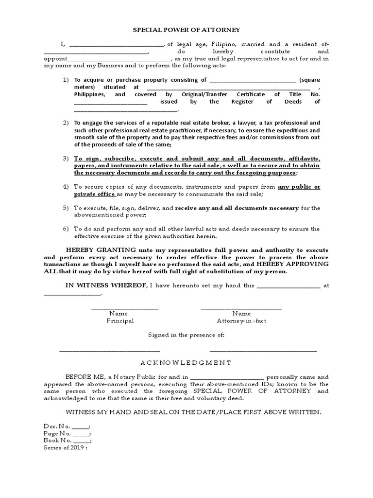 SPA Sample Sale | PDF | Power Of Attorney | Deed