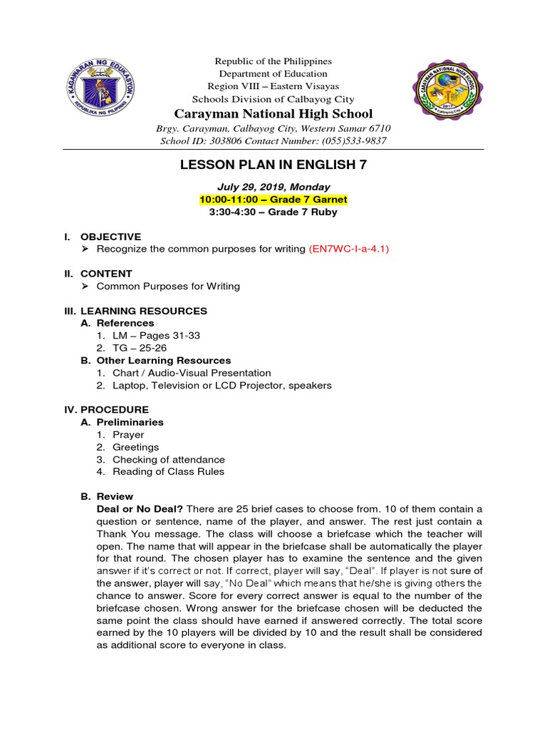 Lesson Plan in English For COT | PDF | Advertising | Books