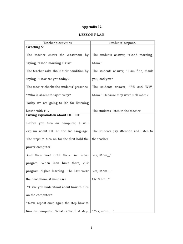 Appendix Lesson Plan | PDF | Education Theory | Learning