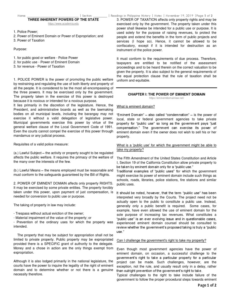 Three Inherent Powers of The State | PDF | Eminent Domain | Federal ...