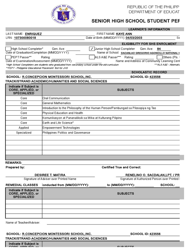 School Form 10 SF10-SHS Senior High School Student Permanent Record ...