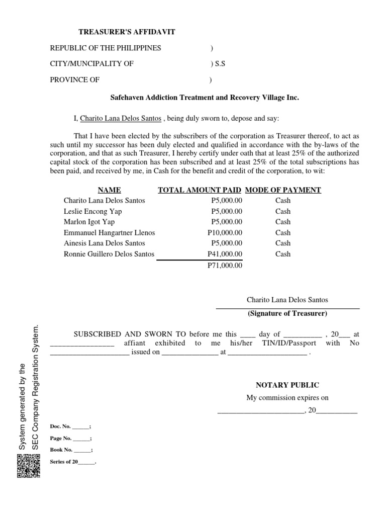 Treasurers Affidavit PDF | PDF | Affidavit | Government And Personhood