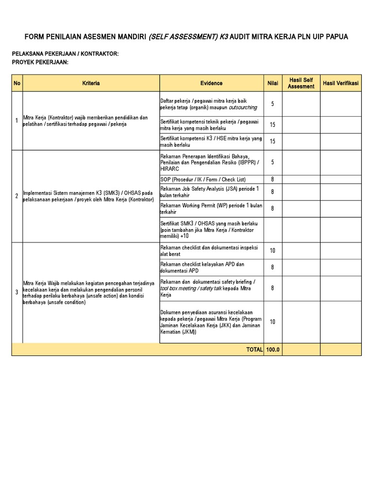 Form Self Assessment Hse Mitra Kerja Uip Papua | PDF | Teknologi & Rekayasa