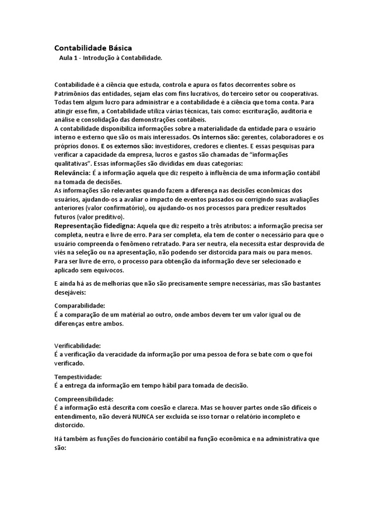 Contabilidade Básica - Aula 1 - Introdução A Contabilidade | PDF ...