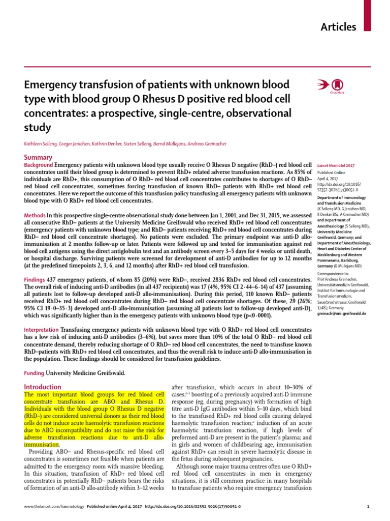 Emergency Transfusion with O RhD+ Blood | PDF | Blood Type | Blood ...