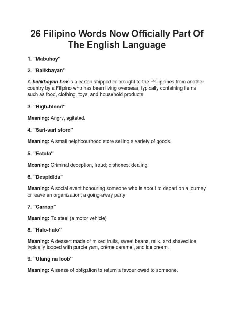 26 Filipino Words Now Officially Part of The English Language | PDF ...