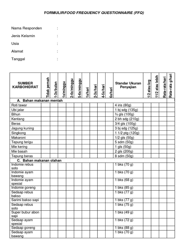 Formulirfood Frequency Questionnaire (FFQ) : Nama Responden: Jenis ...
