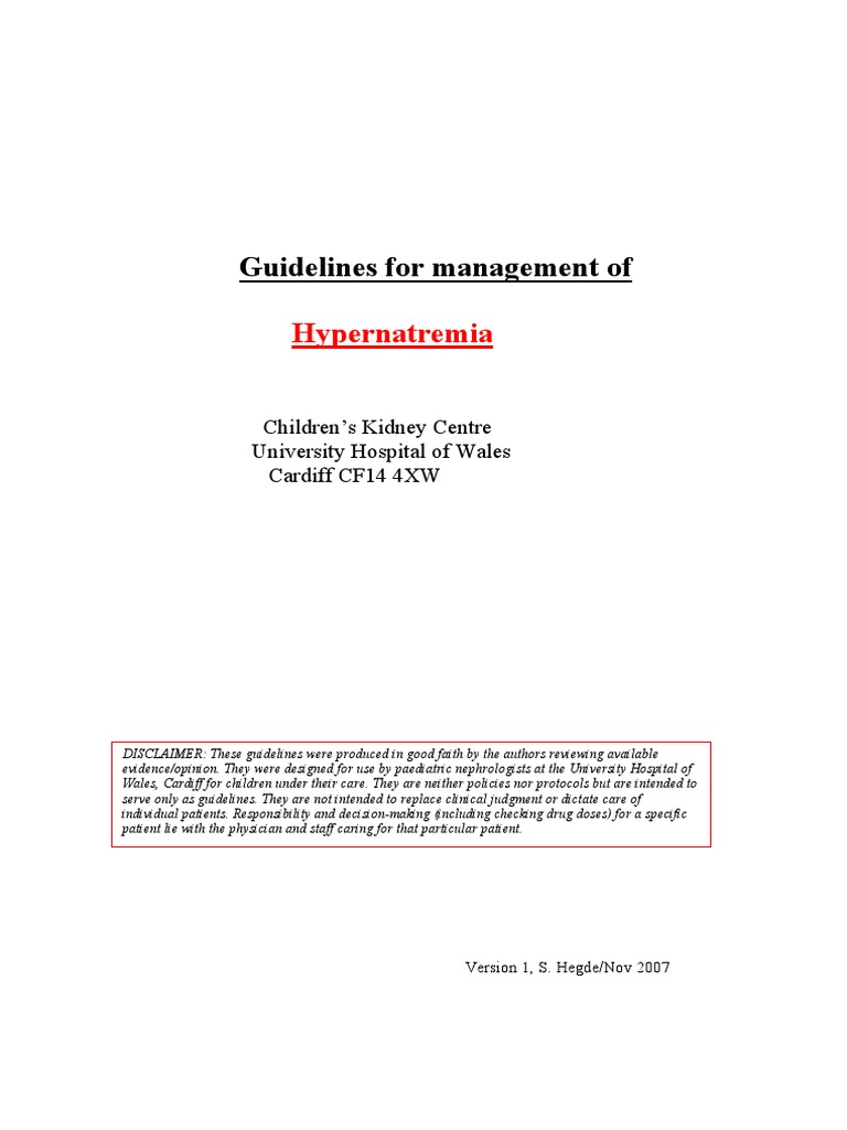 Guidelines For Management Of: Hypernatremia | PDF | Saline (Medicine) | Dehydration