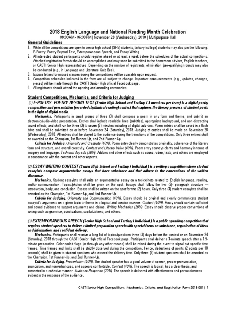 Student Competitions, Mechanics, and Criteria for Judging at the 2018 English Language and ...