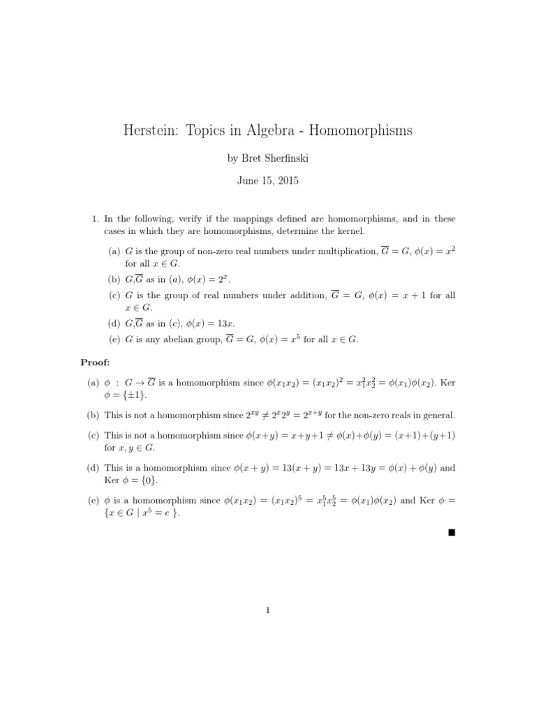 Herstein Topics In Algebra Homomorphisms By Bret Sherfinski June 15