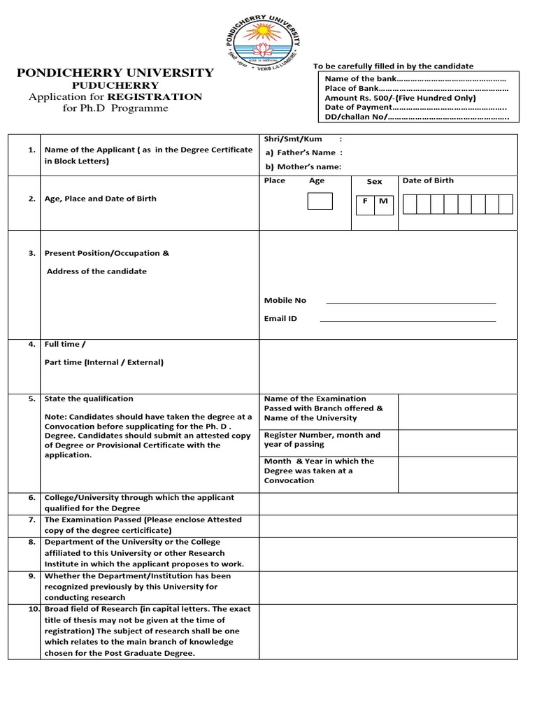 1.application Form For PHD Registration | PDF | Doctor Of Philosophy ...