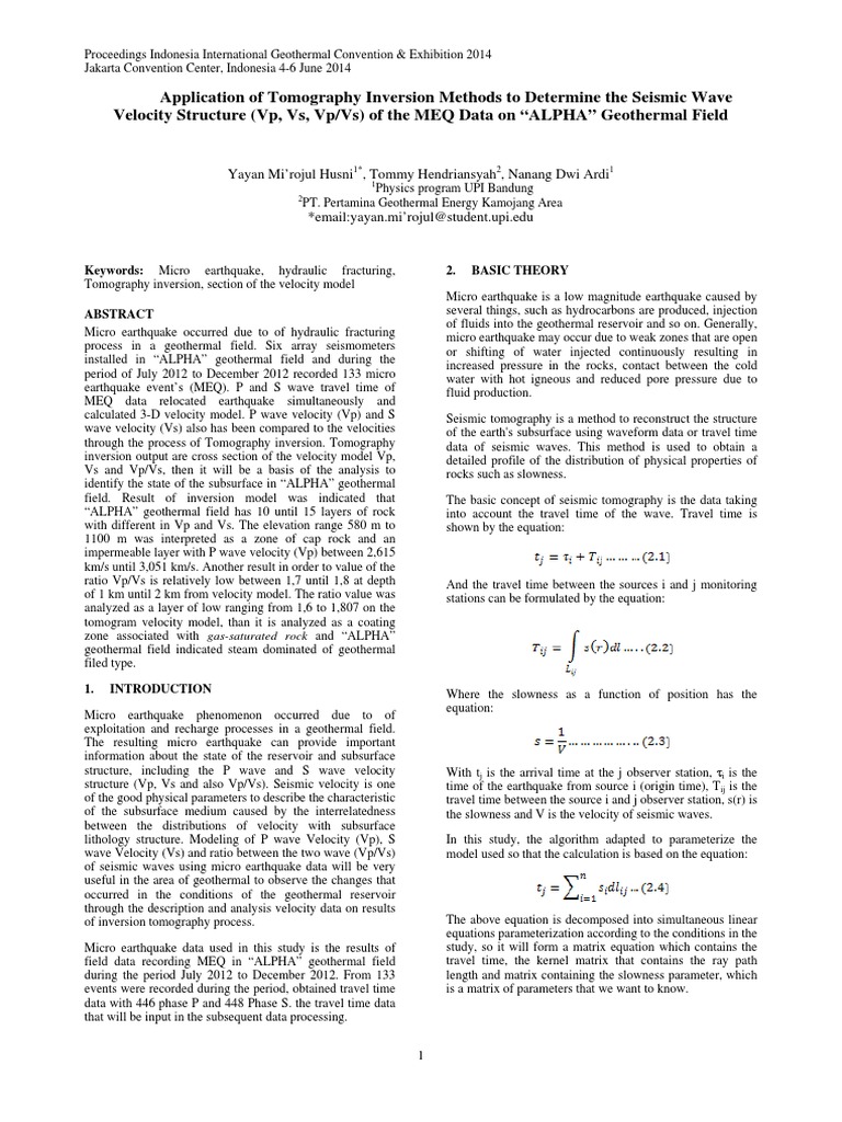 Application of Tomography Inversion Methods To Determine The Seismic ...