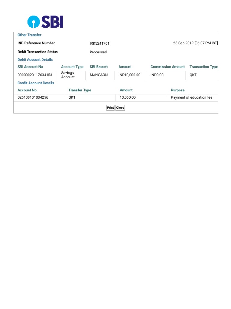 INB Reference Number Debit Transaction Status: IRK3241701 25-Sep-2019 ...