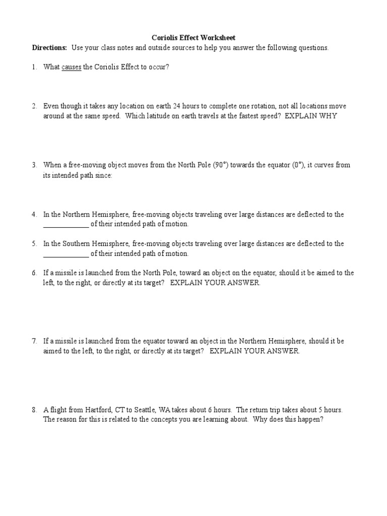 Coriolis Effect Worksheet