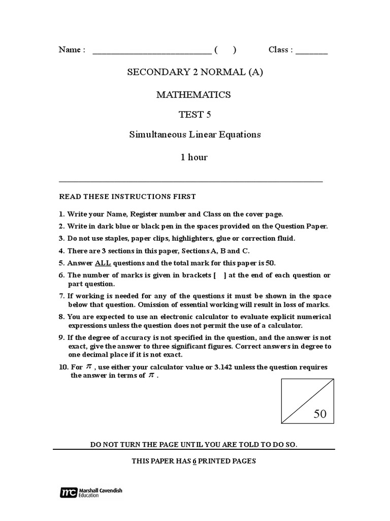 Secondary 2 Normal (A) Mathematics Test 5 Simultaneous Linear Equations ...