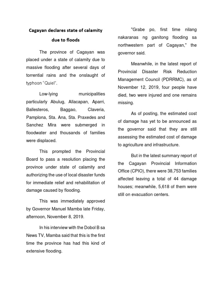 Cagayan Declares State of Calamity Due To Floods | PDF | Natural ...