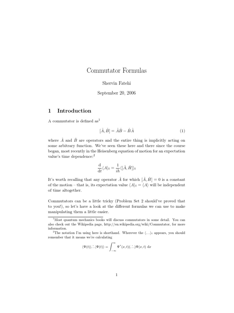 Commutator Formulas: Shervin Fatehi September 20, 2006 | PDF | Theoretical Physics | Scientific ...