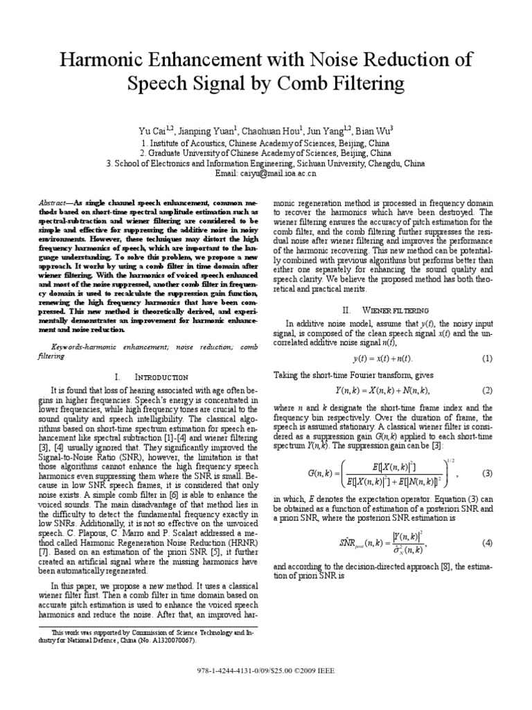 Harmonic Enhancement With Noise Reduction Of Speech Signal By Comb