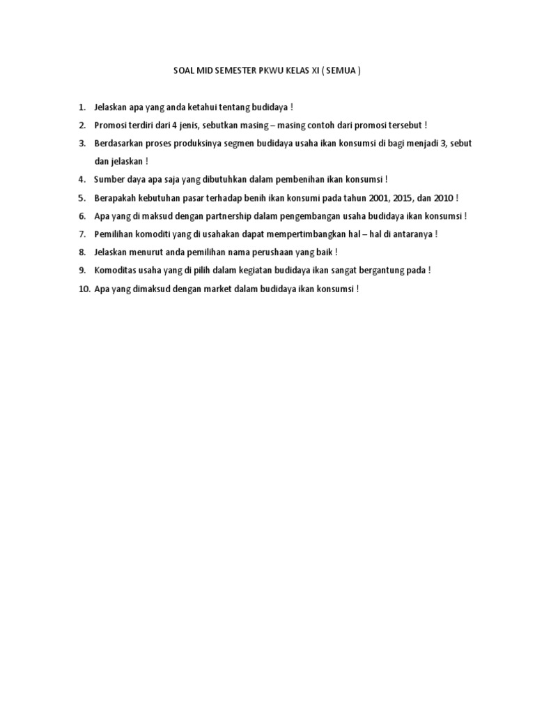 Soal Mid Semester Pkwu Kelas Xi 2019-2020 | PDF