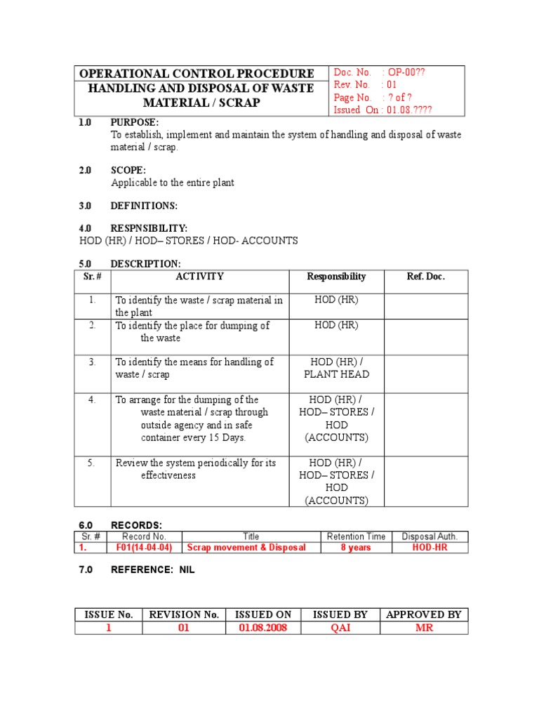 Operational Control Procedure Handling and Disposal of Waste Material ...