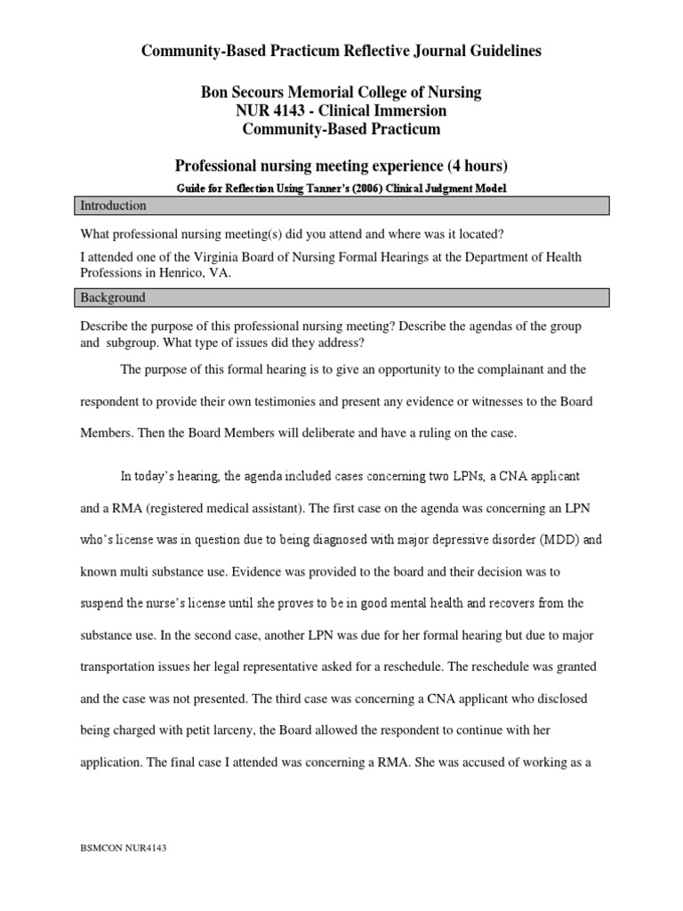 Guide For Reflection Using Tanner's (2006) Clinical Judgment Model ...