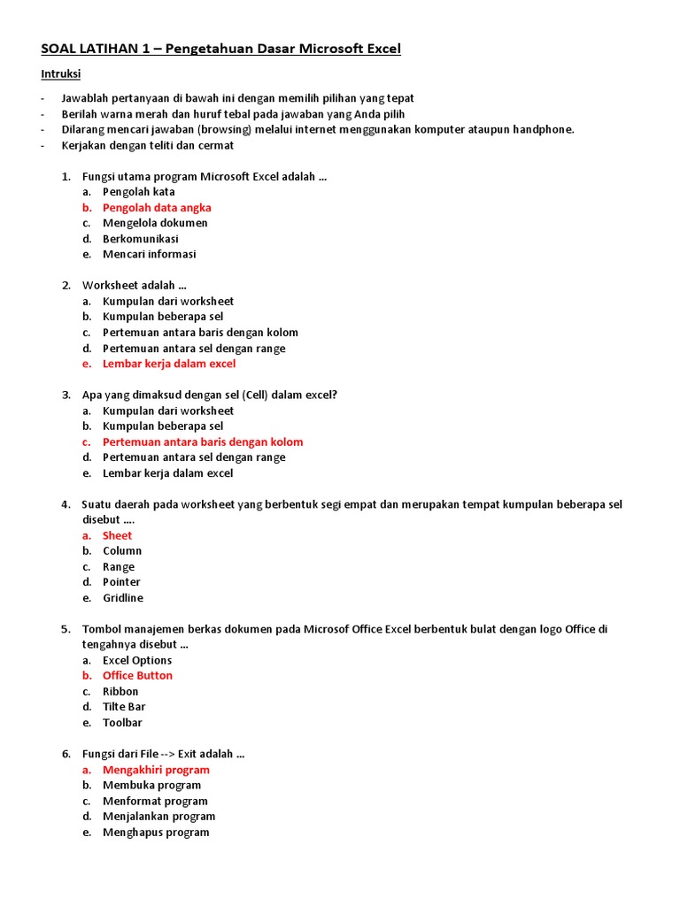 Soal Latihan Microsoft Excel Dasar | PDF