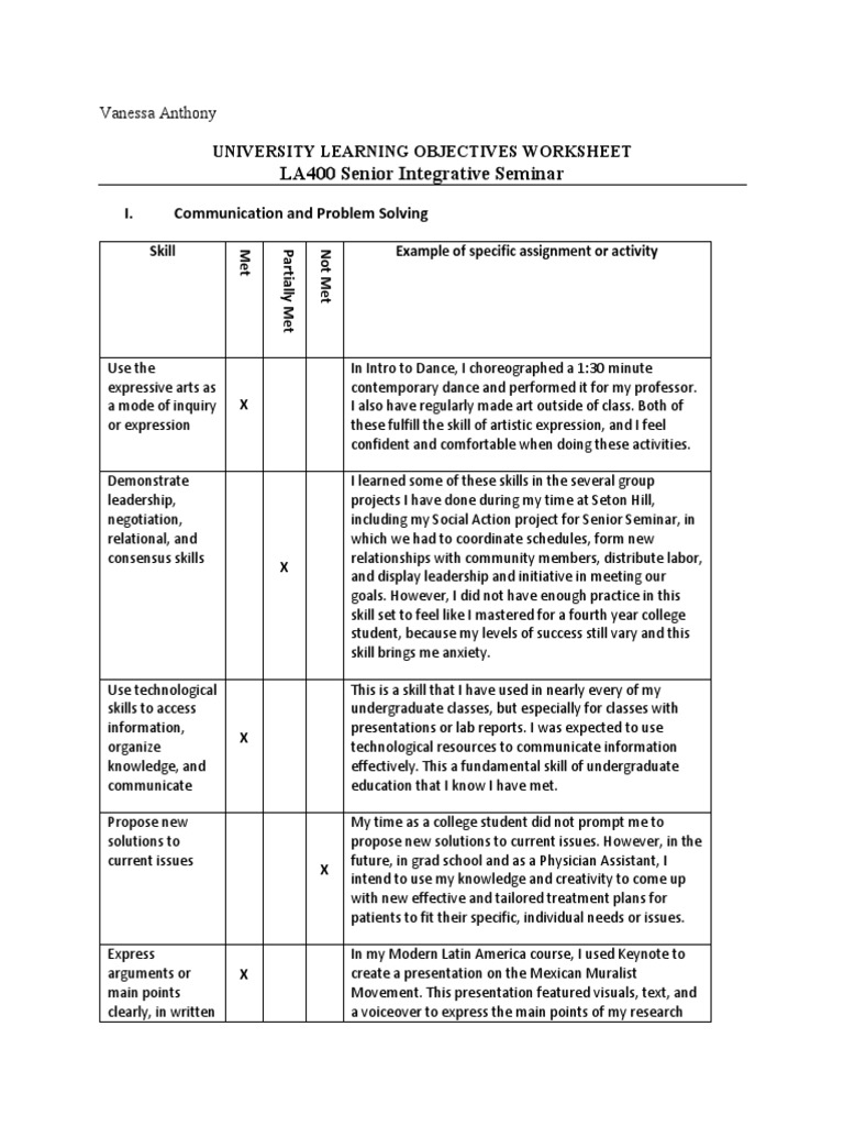 LA400 Senior Integrative Seminar: University Learning Objectives ...