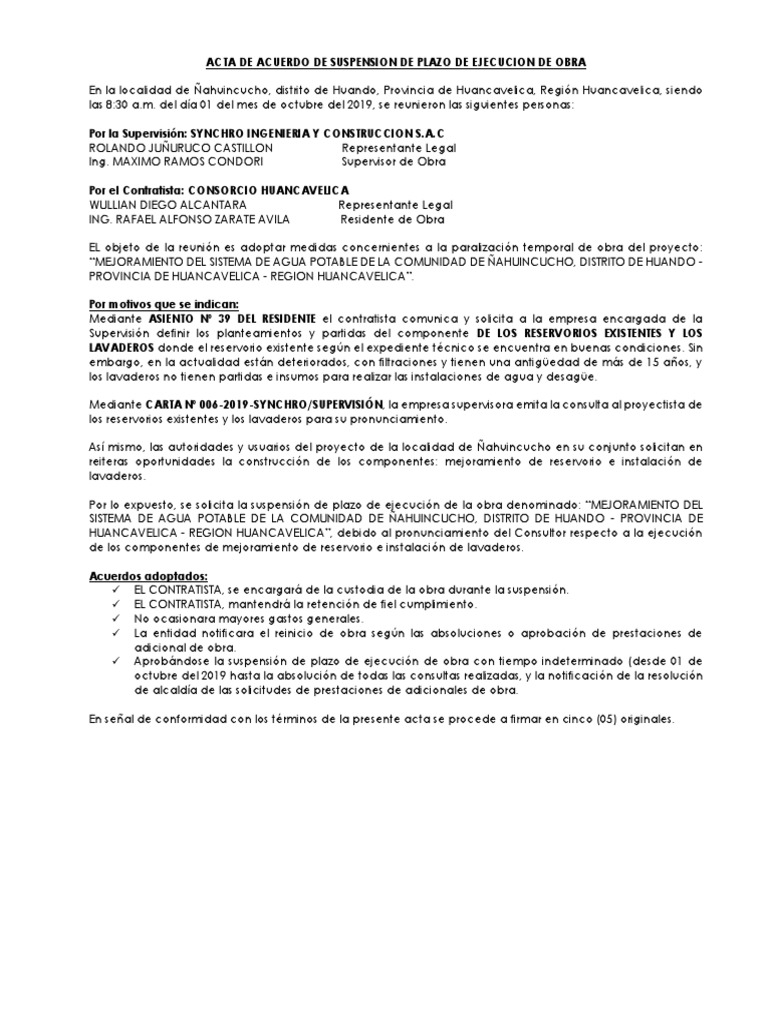 Acta de Suspension de Plazo de Ejecucion de Obra Final | PDF