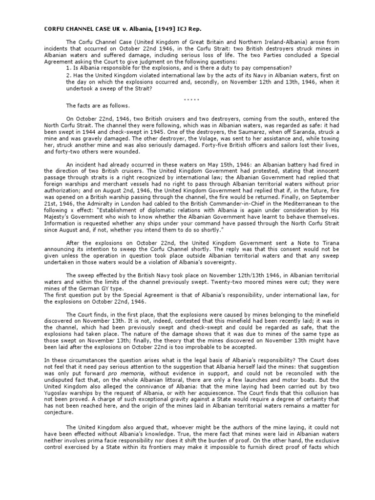 CORFU CHANNEL CASE UK v. Albania, (1949) ICJ Rep | PDF | Naval Warfare ...