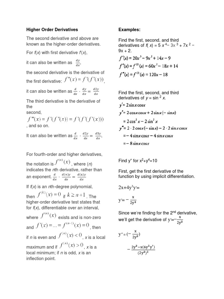 Higher Order Derivatives | PDF | Derivative | Algebra