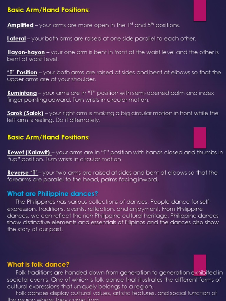 Basic Arm Positions in Philippine Folk Dance | PDF | Arm | Hand