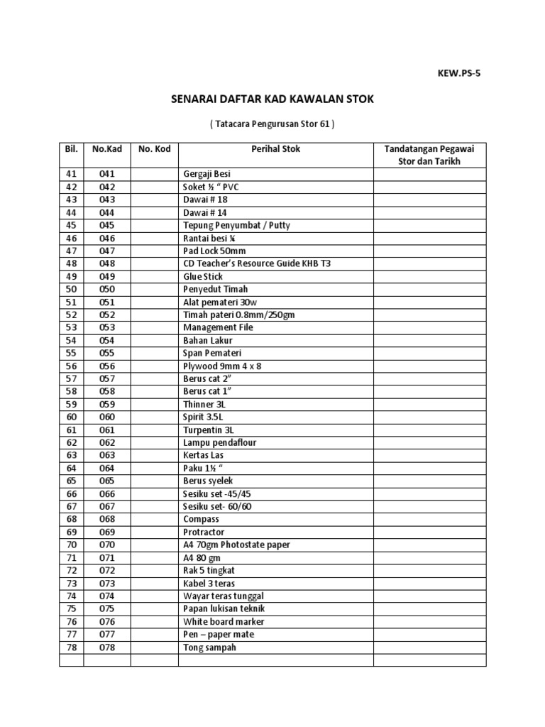 Senarai Daftar Kad Kawalan Stok | PDF