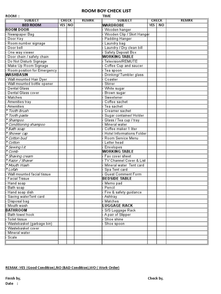 Room Boy Check List | PDF | Shower | Door