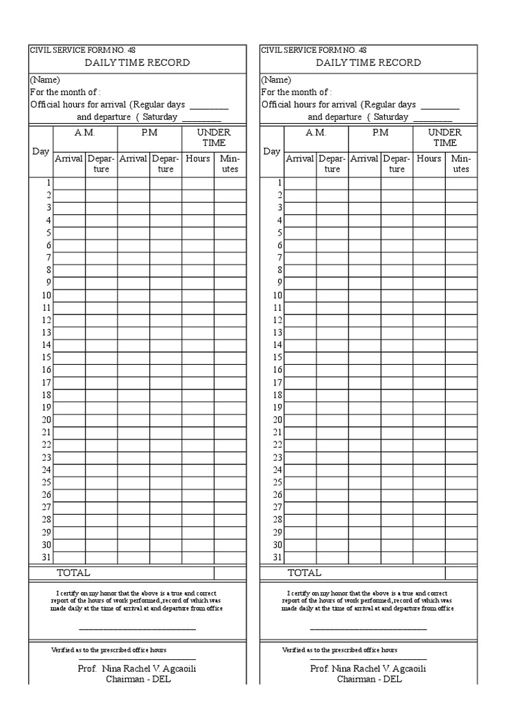 Daily Time Record Daily Time Record: Civil Service Form No. 48 Civil ...