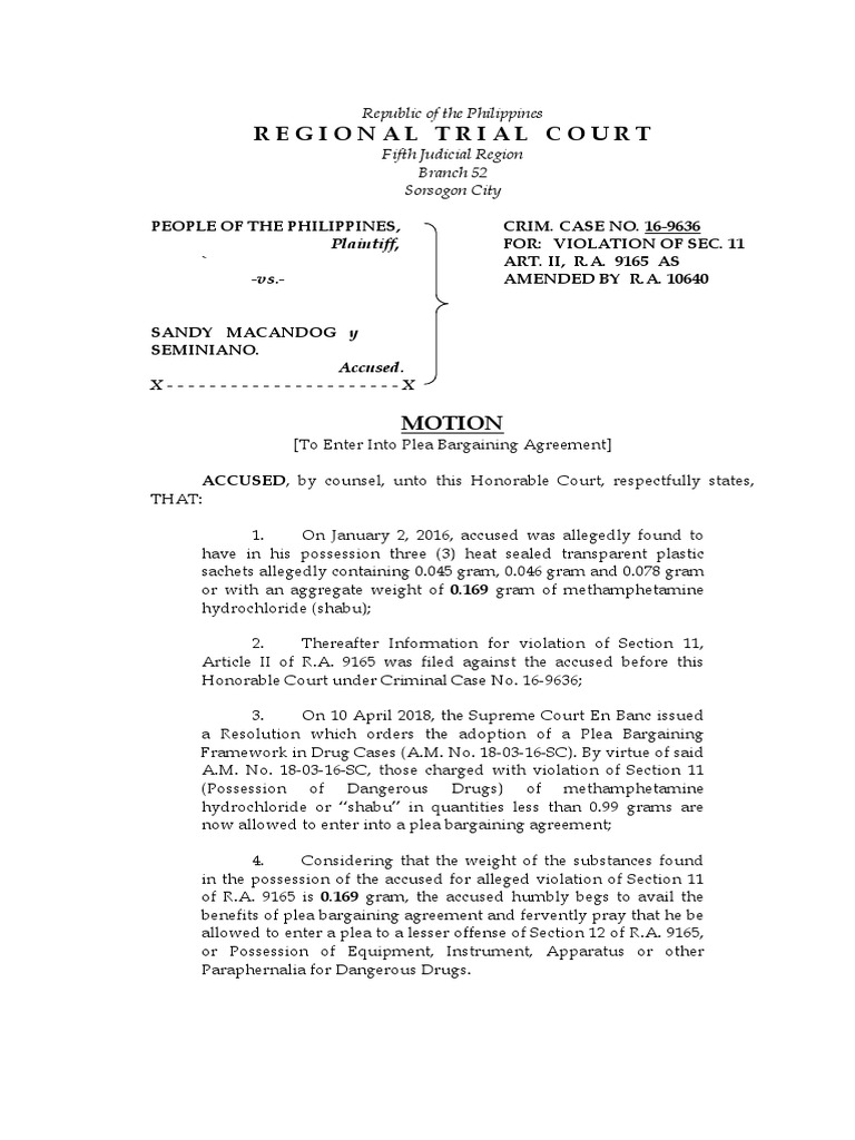 Motion To Enter Into A Plea Bargaining Agreement | PDF | Plea | Plea ...