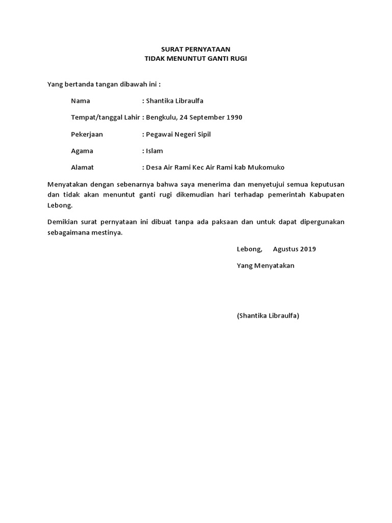 Surat Pernyataan Ganti Rugi | PDF