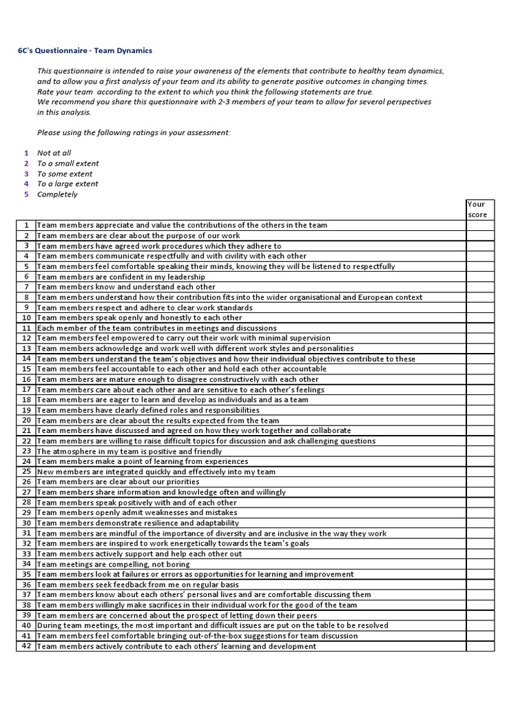 6C's Questionnaire - Team Dynamics | PDF | Learning | Behavior Modification