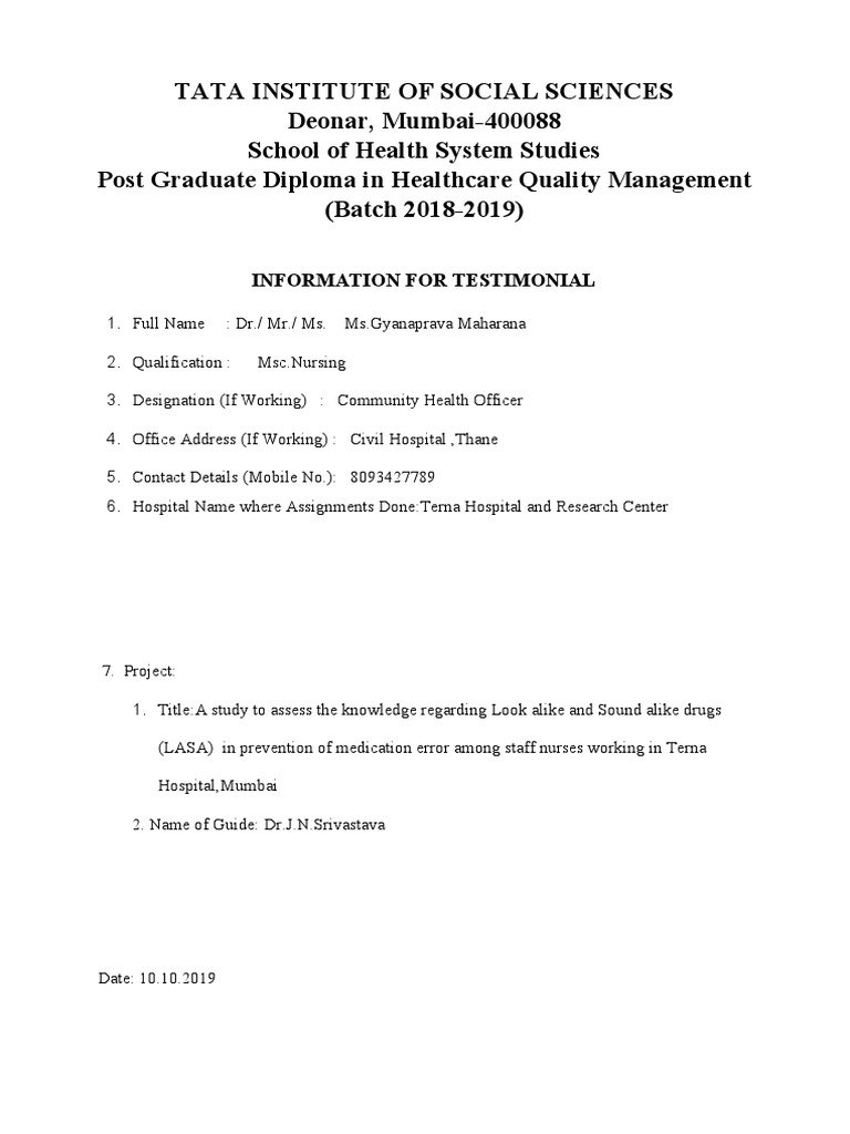 Blank Testimonial Form for Healthcare Quality | PDF