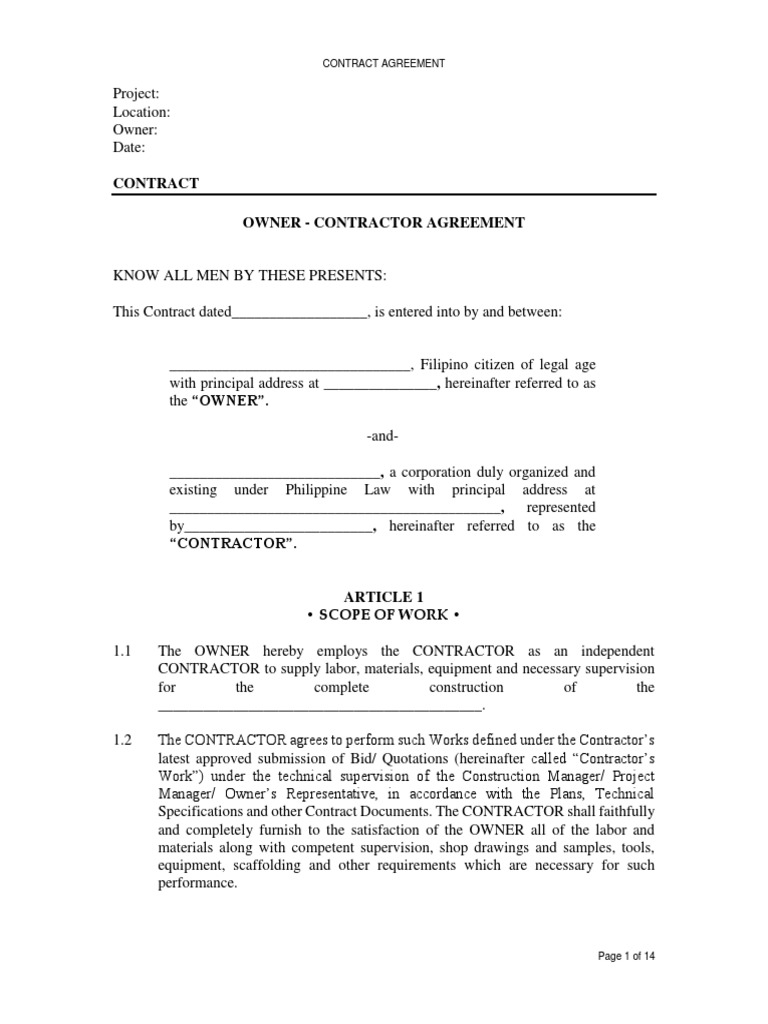 Owner-Contractor Contract Agreement. | Download Free PDF | Indemnity ...