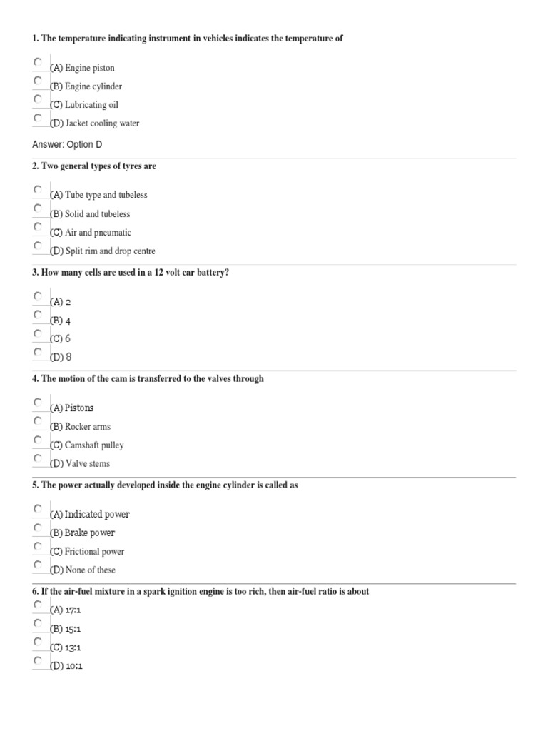 Vehicle Systems and Components Quiz | PDF | Internal Combustion Engine ...