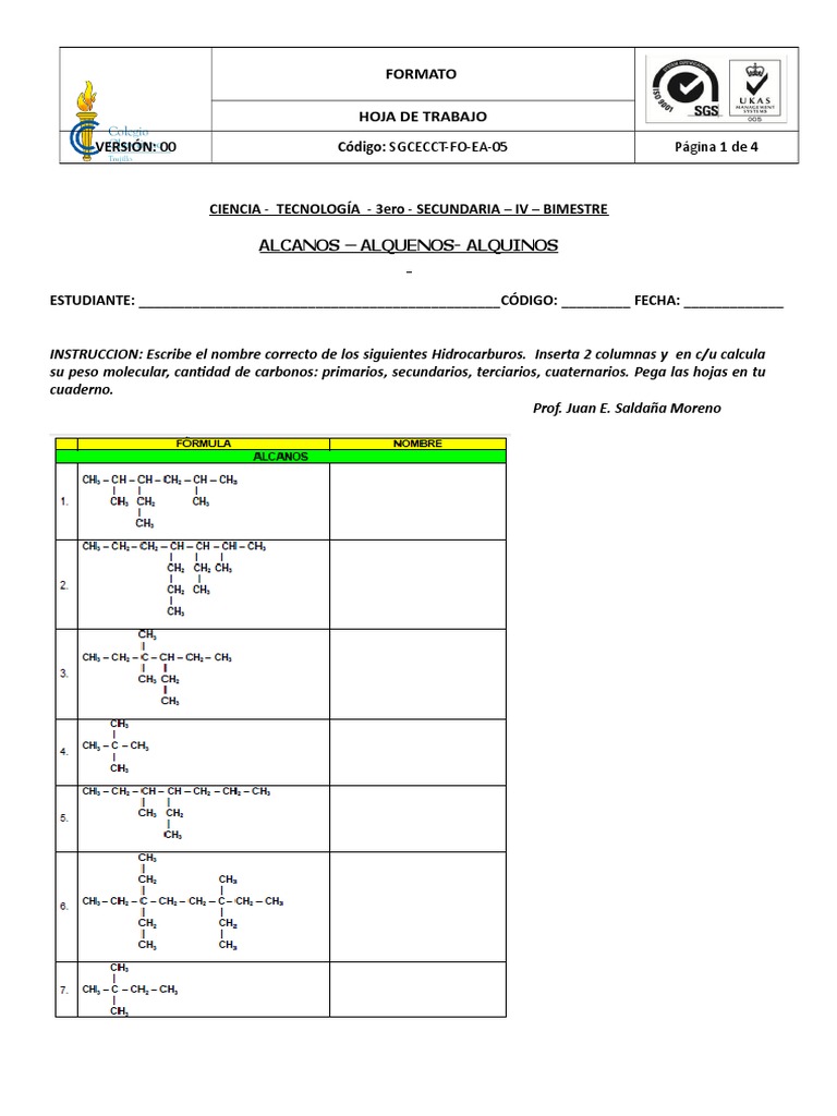 3ero Alcanos Alquenos Alquinos Ejercicios | PDF | Hidrocarburos | Grupo funcional