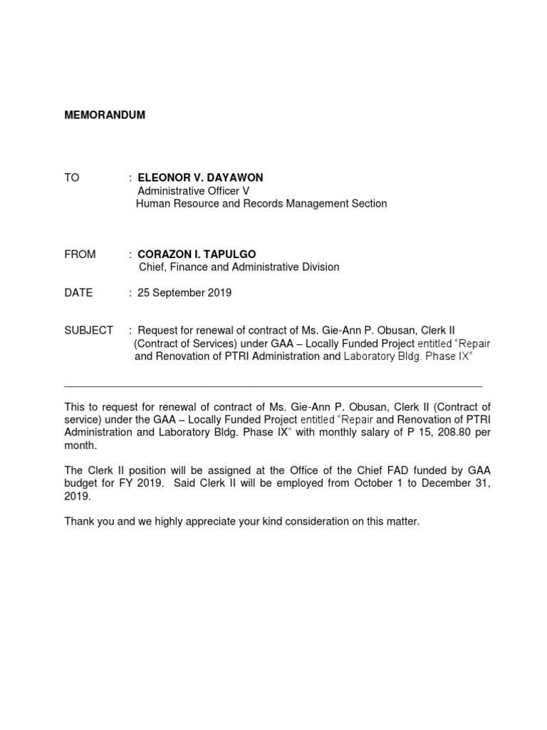 Memorandum Renewal Cos | PDF